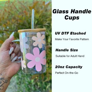 HUAHANGNA Square Drinking Glasses With Handle Set of 4-20 OZ Glass Tumbler Cup with Bamboo Lids and Straw, Beer Can Shaped Glad Glass Cups for Iced Coffee, Soda, Water, Matcha, Chocolate…