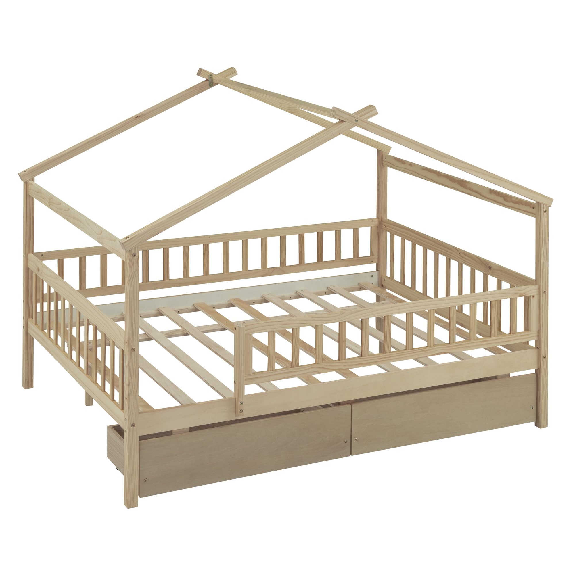 House Bed with Fence Storage, Full Size Montessori Style Beds with Railings and 2 Drawers, Wooden Playhouse Bed Frame for Kids Girls Boys, Natural