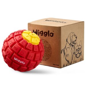 wigglo tough durable dog ball toy for aggressive chewers, natural rubber dog toy for large/medium dogs, 3.5" diameter dog ball chew toy, helps with dog separation anxiety, dishwasher safe, red