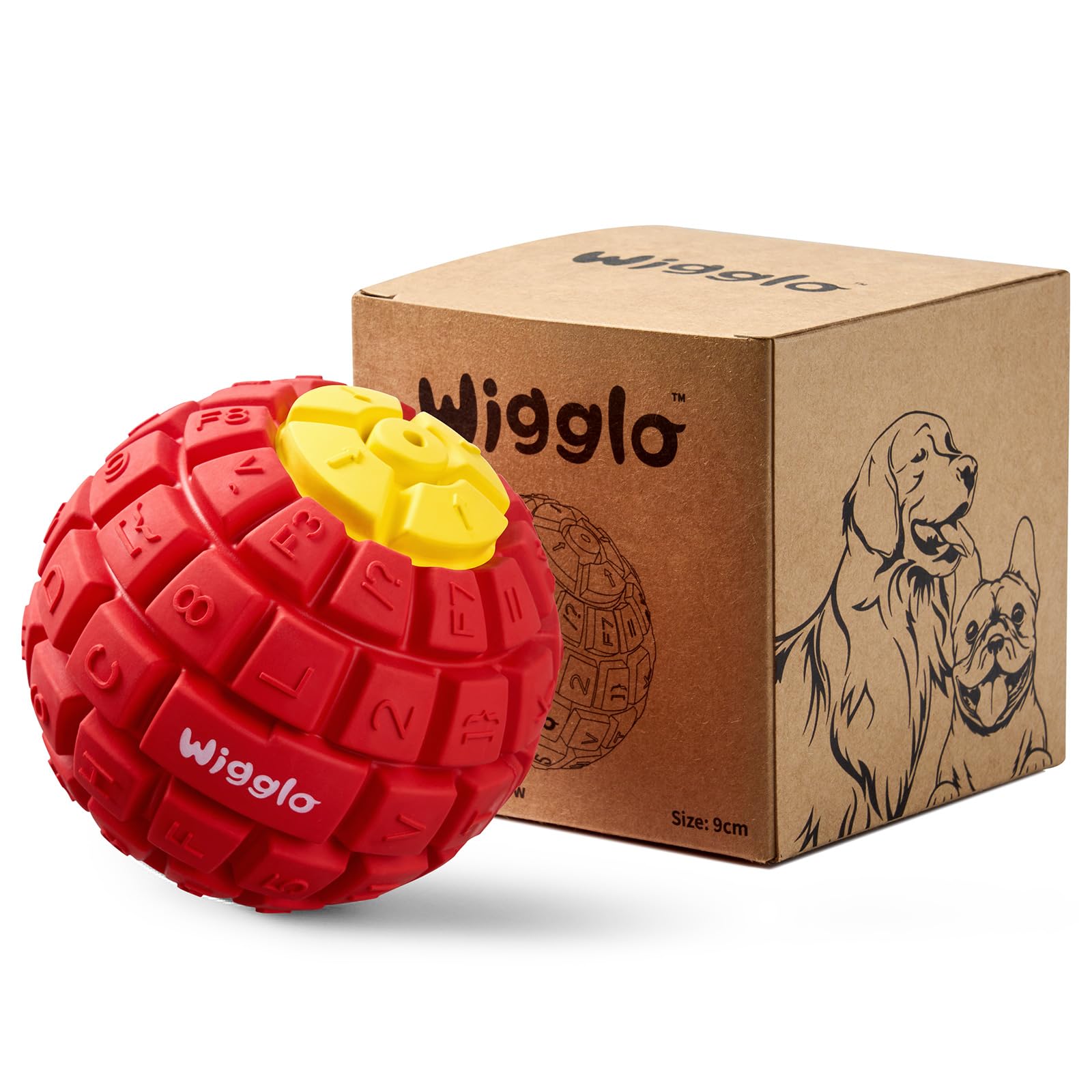 Wigglo Tough Durable Dog Ball Toy for Aggressive Chewers, Natural Rubber Dog Toy for Large/Medium Dogs, 3.5" Diameter Dog Ball Chew Toy, Helps with Dog Separation Anxiety, Dishwasher Safe, Red