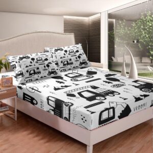 Construction Bed Sheets Set Full Size Equipment Trucks Sheet Set for Kids Boys Girls Decor Cartoon Car Excavator Tractor Sheets with Deep Pocket Fitted Sheet Black White Bedding Set Bedroom