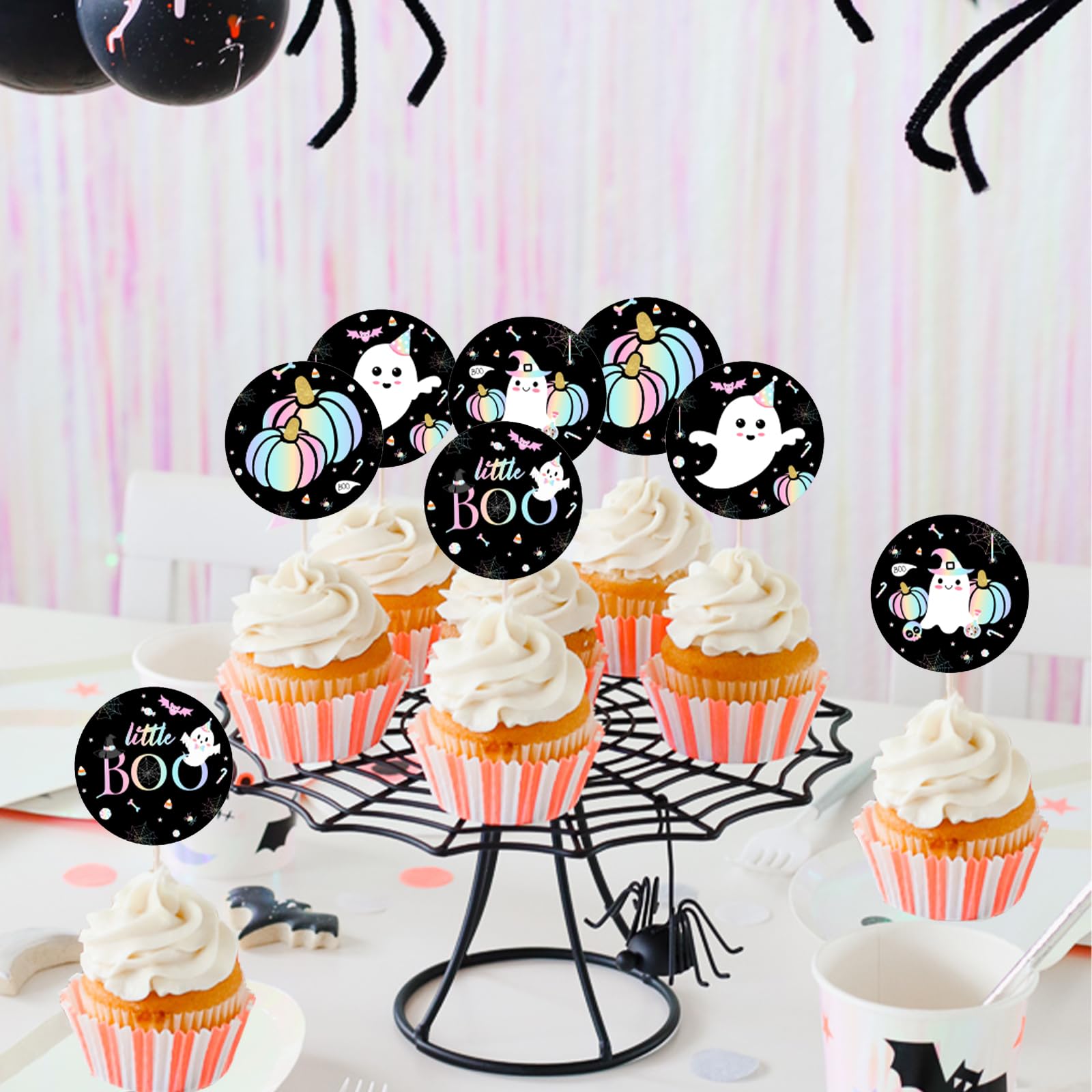 Halloween Little Boo Ghost Cupcake Toppers Baby Shower Decorations for Girl, 36Pcs Pastel Macaroon Dessert Table Cupcake Toppers Decors Gender Reveal Birthday Party Favor Supplies