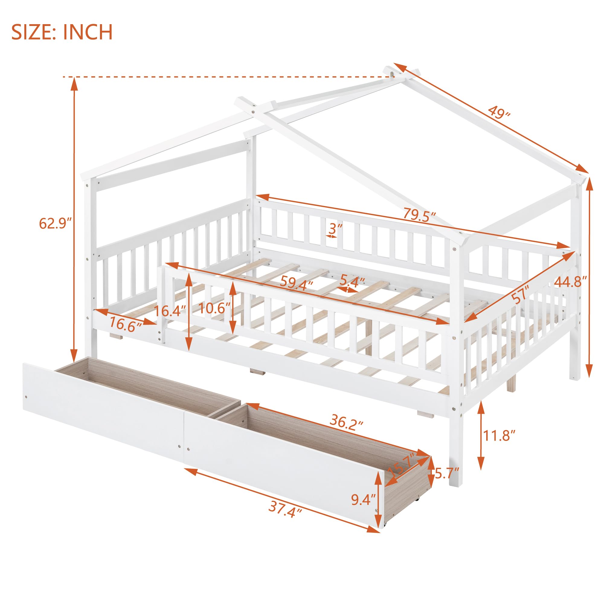 House Bed with Fence Storage, Full Size Montessori Style Beds with Railings and 2 Drawers, Wooden Playhouse Bed Frame for Kids Girls Boys, White