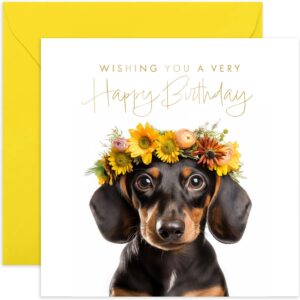 old english co. daschund dog very happy birthday card for her - cute daschund floral birthday card for women - cute birthday cards for sister, mum, daughter, friend | blank inside with envelope…