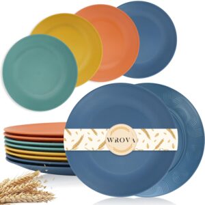 wrova wheat straw dinner plates 10 inch unbreakable set of 8 - dishwasher & microwave safe plastic plates reusable - lightweight plates for kitchen,camping,salad,appetizer - colorful