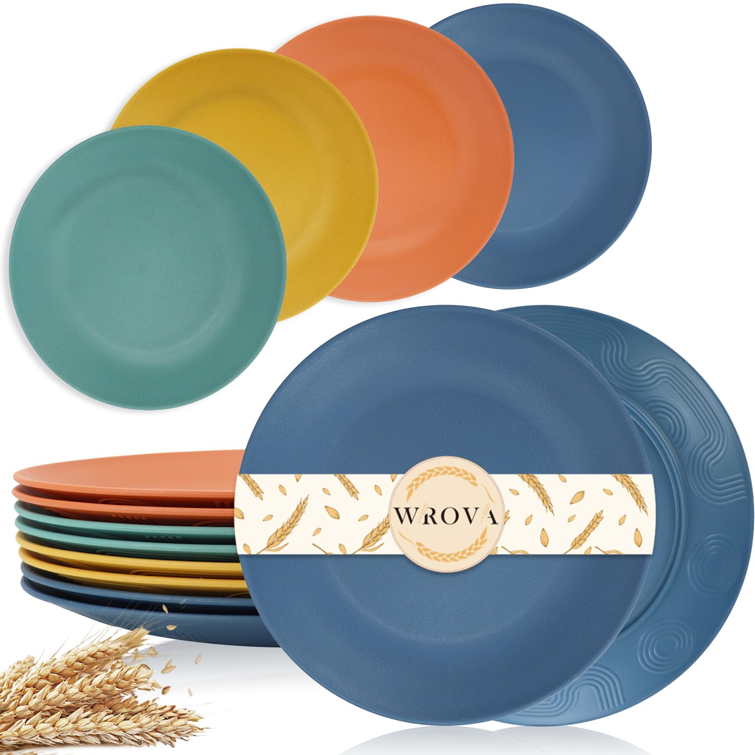 Wrova Wheat Straw Dinner Plates 10 Inch Unbreakable Set of 8 - Dishwasher & Microwave Safe Plastic Plates Reusable - Lightweight Plates for kitchen,camping,salad,appetizer - Colorful