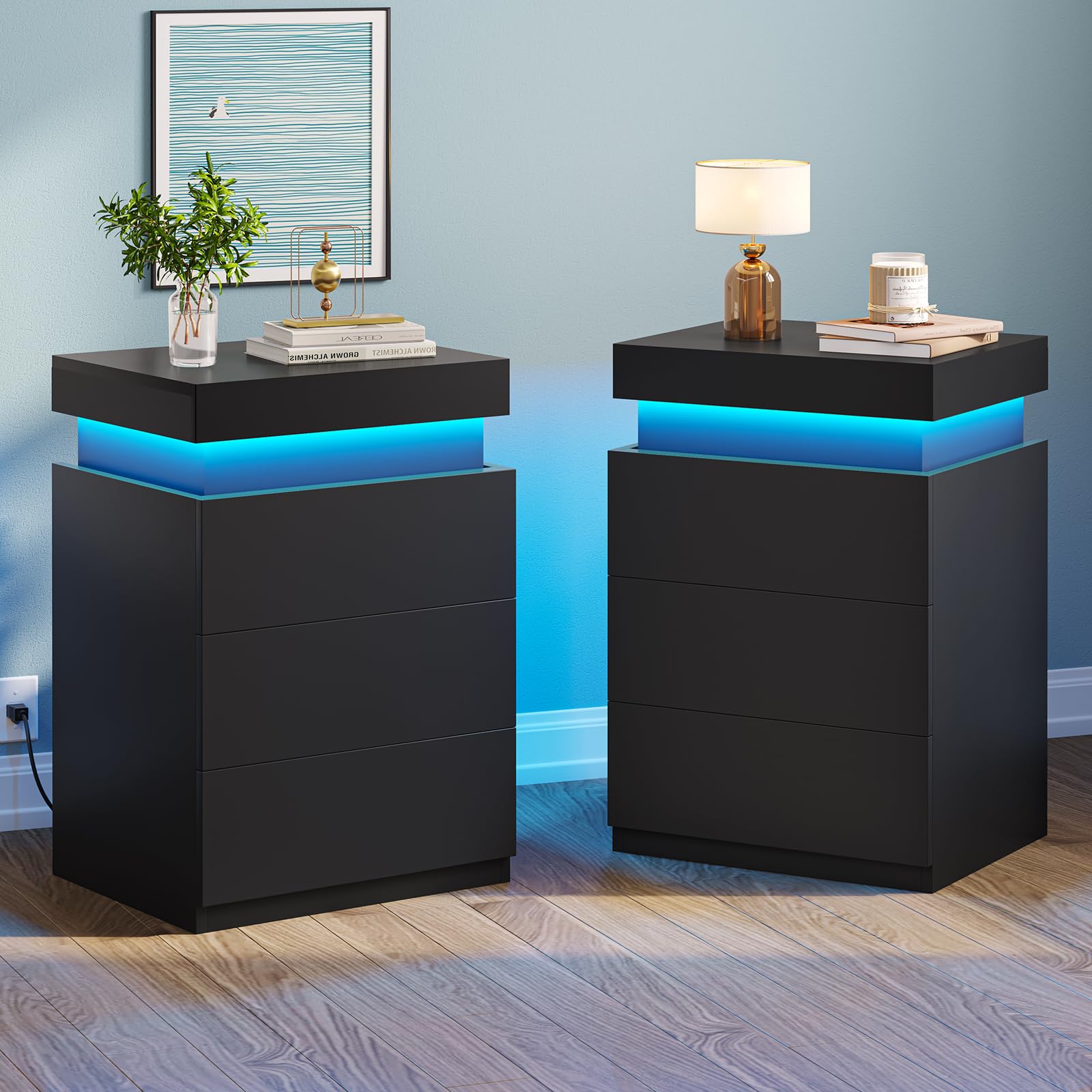 BTHFST LED Nightstands Set of 2,Night Stands for Bedroom Set of 2,Nightstand with Charging Station and Sliding Top,Bedside Table with Power Outlets & Drawers,Modern End Side Table (Black)