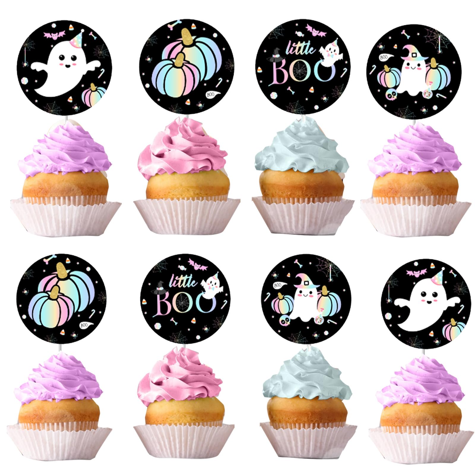 Halloween Little Boo Ghost Cupcake Toppers Baby Shower Decorations for Girl, 36Pcs Pastel Macaroon Dessert Table Cupcake Toppers Decors Gender Reveal Birthday Party Favor Supplies