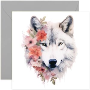 old english co. watercolour botanical wolf greeting card for birthday - cute birthday card for mum, nan, her - floral animal art card for thinking of you, thank you | blank inside envelope