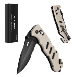 flissa folding pocket knife with clip, glass breaker and seatbelt cutter, survival knife for emergency rescue situations, edc knife for tactical, hunting, camping, outdoor, unique gifts for dad, father