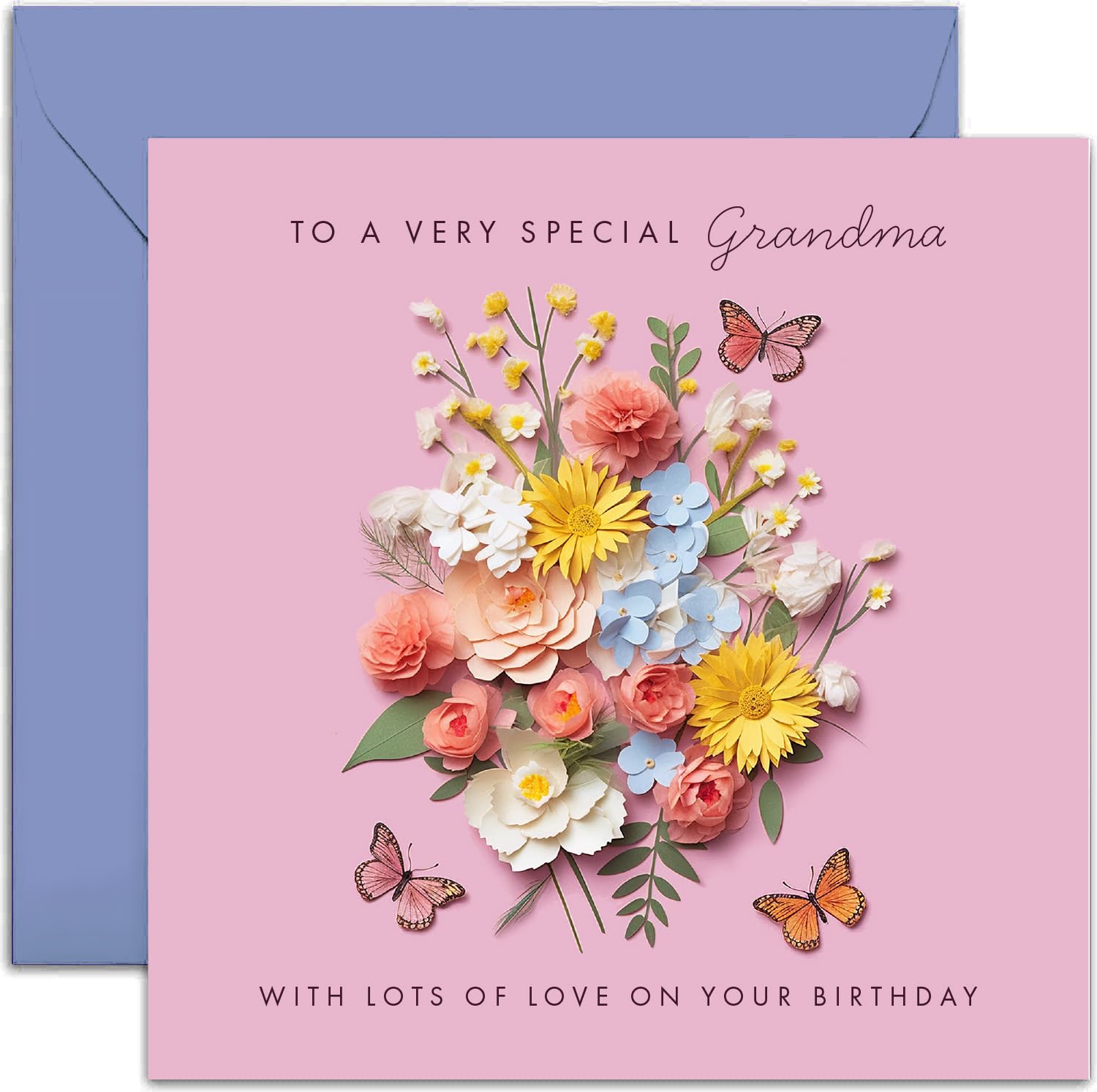 Old English Co. Special Grandma Birthday Card for Her - Pink Flower Butterfly Artwork Birthday Card for Grandma from Grandchildren - Cute Grandma Birthday Card for Her | Not 3D Card