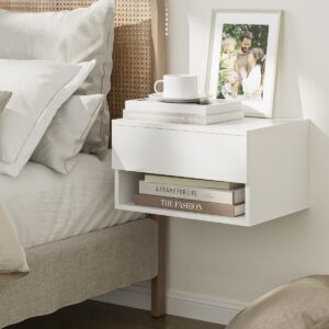 Aobafuir Floating Nightstand, Small Modern Floating Nightstand with Drawer, Floating Shelves for Bedroom, Bathroom (White)