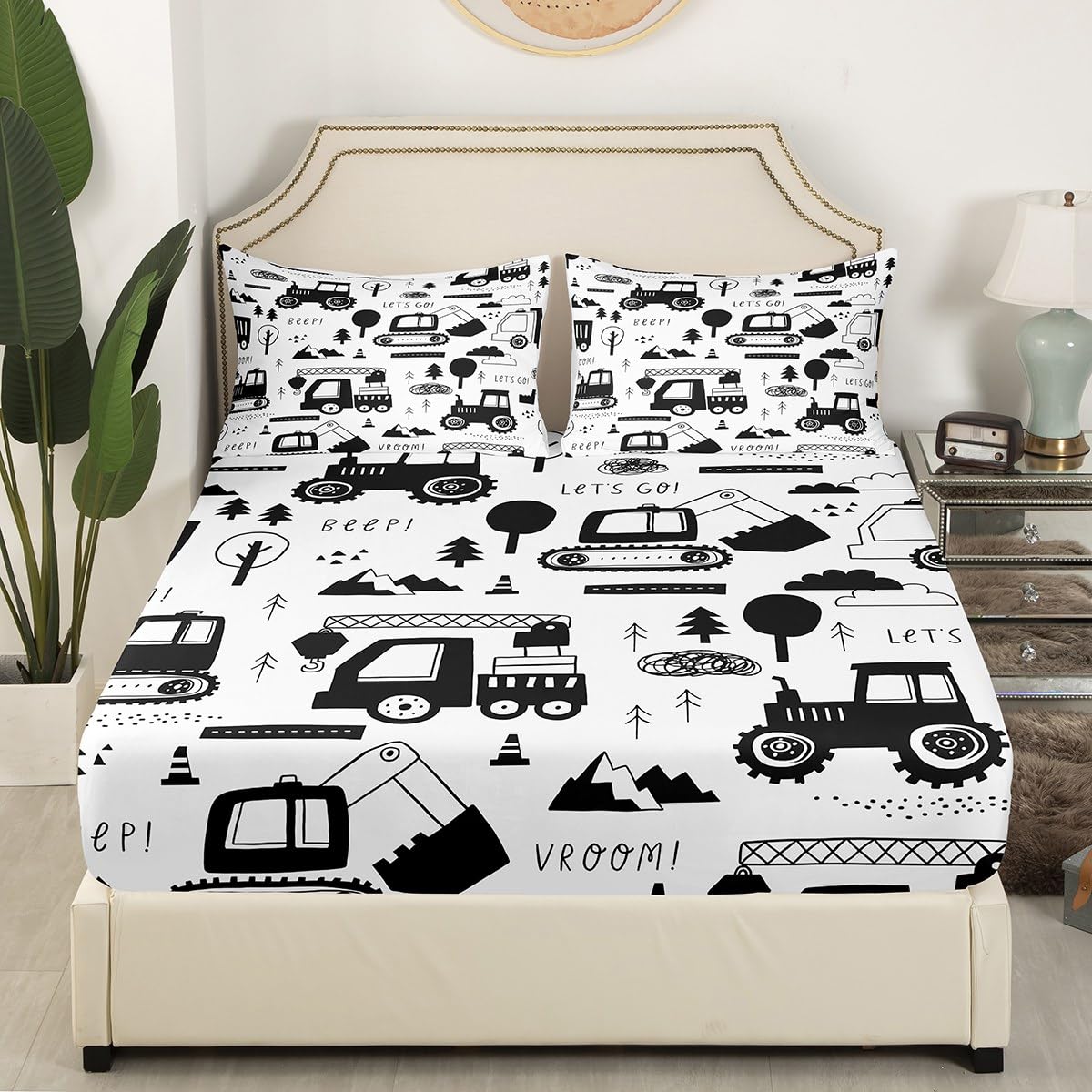 Construction Bed Sheets Set Full Size Equipment Trucks Sheet Set for Kids Boys Girls Decor Cartoon Car Excavator Tractor Sheets with Deep Pocket Fitted Sheet Black White Bedding Set Bedroom