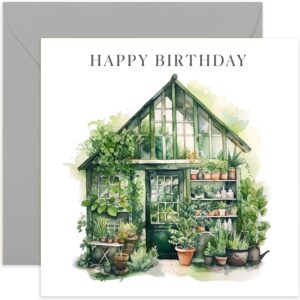 old english co.green house happy birthday card for him or her - watercolour special birthday card for gardener - birthday card for grandad, grandmother, mum, dad | blank inside with envelope