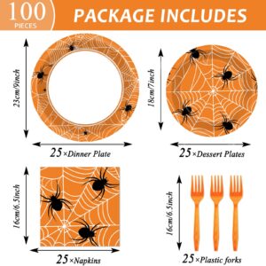 100 Pcs Halloween Spider Web Party Plates and Napkins Party Supplies Spiderweb Party Tableware Set Black and White Halloween Party Decorations Favors for Halloween Theme Party Serves 25