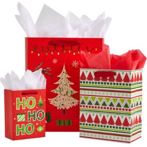 suncolor 9 pack christmas gift bags assorted sizes with tissue paper (3 large 13", 3 medium 9", 3 small 6")