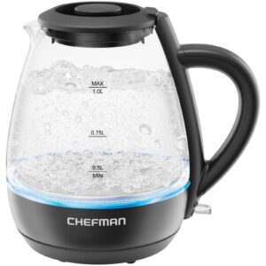 chefman 1l electric tea kettle with led lights, automatic shut off, removable lid, boil-dry protection, hot water electric kettle water boiler, electric kettles for boiling water