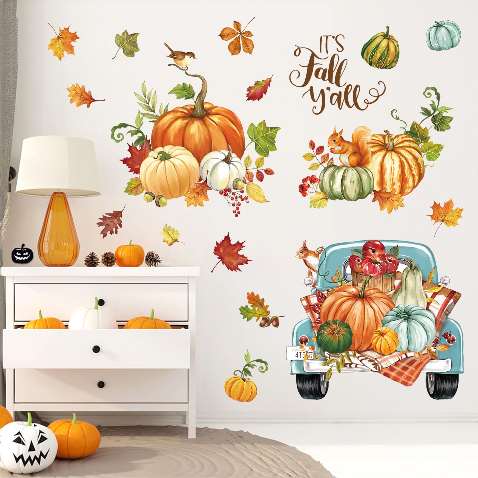 wondever Fall Thanksgiving Pumpkin Wall Stickers Autumn Leaves Truck Peel and Stick Wall Art Decals for Kitchen Dining Room Bedroom