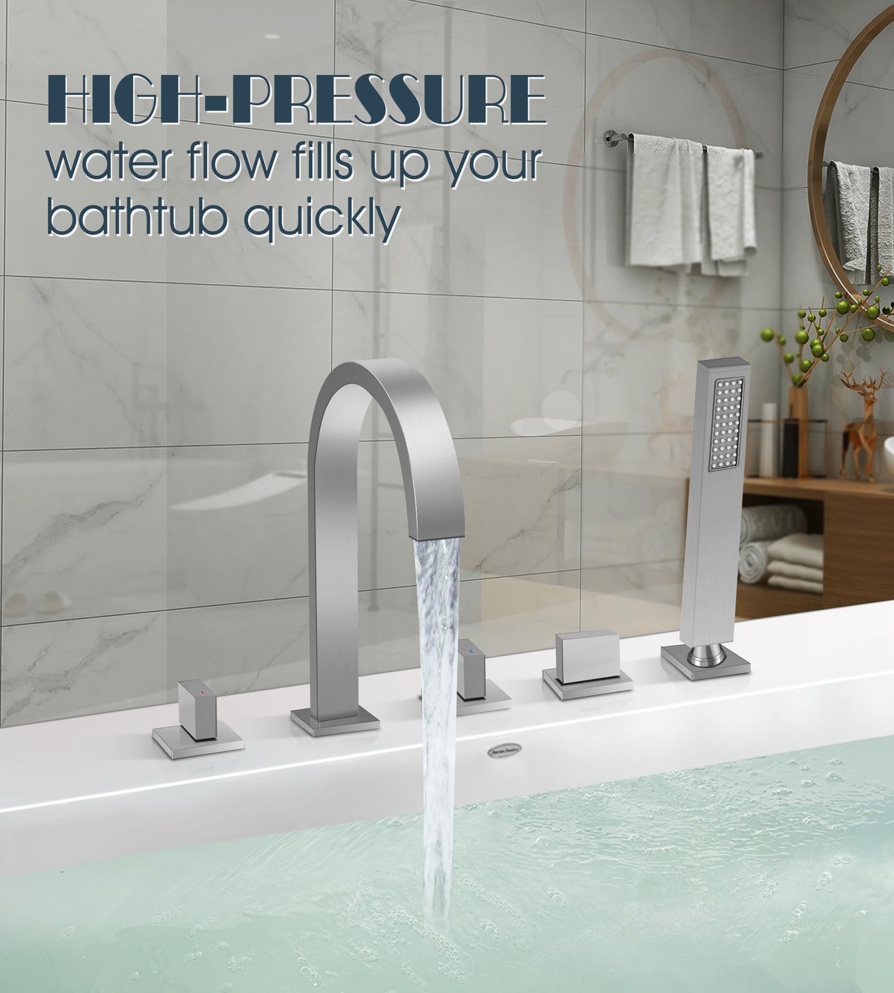 Roman Bathtub Faucet Set with Handheld Sprayer and Rough-in Valve Widespread Deck Mount 5 Hole Classic High Arch Tub Faucets Trim Kit 3 Handle with Diverter Lever Bath Tub Filler (Brushed nickel)