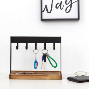 exoliry metal 5-hook table key holder torched wood base rustic industrial tabletop countertop organizer matte rack hanging hooks burnt wooden bottom slot rings coins accessories jewelry daily supplies