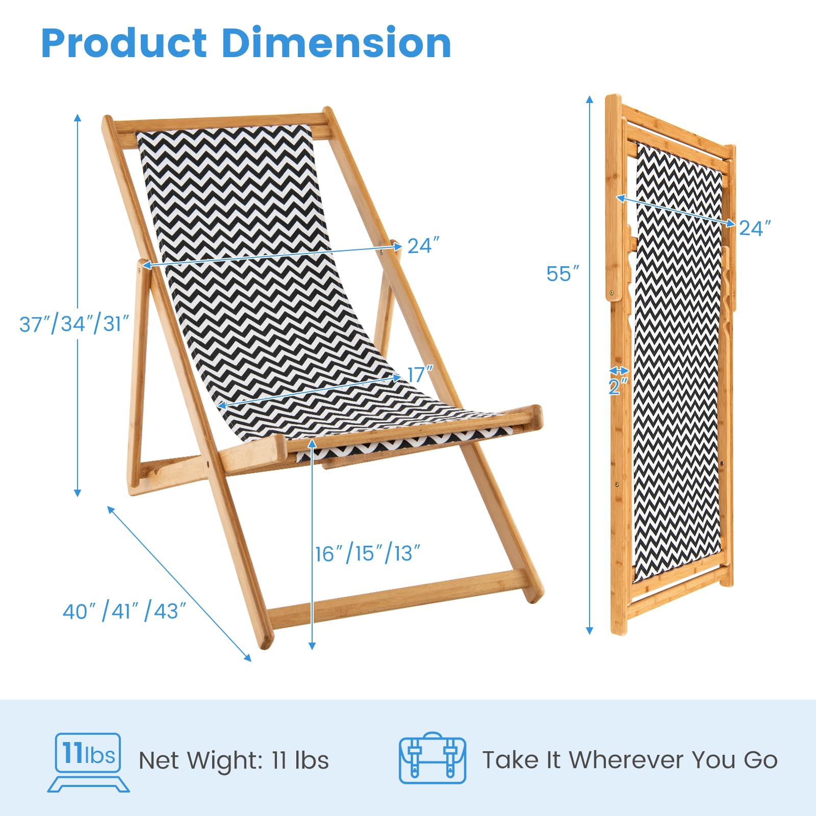 Tangkula Set of 2 Sling Chair Outdoor, Patio Deck Chair with Solid Bamboo Frame & Breathable Canvas Seat, 3 Adjustable Positions, Portable Folding Beach Chair for Porch, Poolside, Balcony, Garden