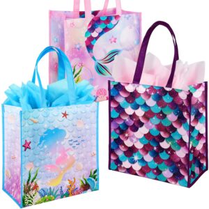 blewindz large gift bags with tissues – 3pcs mermaid girls kids tote reusable gift bags with handles for birthday party favors, baby showers, shoppings (13" x 7" x 13.2")