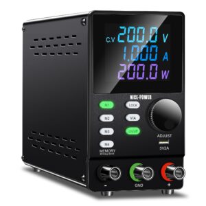 nice-power dc power supply variable, 200v 1a high voltage programmable adjustable regulated lab bench power supply with pc software, encoder knob, memory storage, output switch, lock button