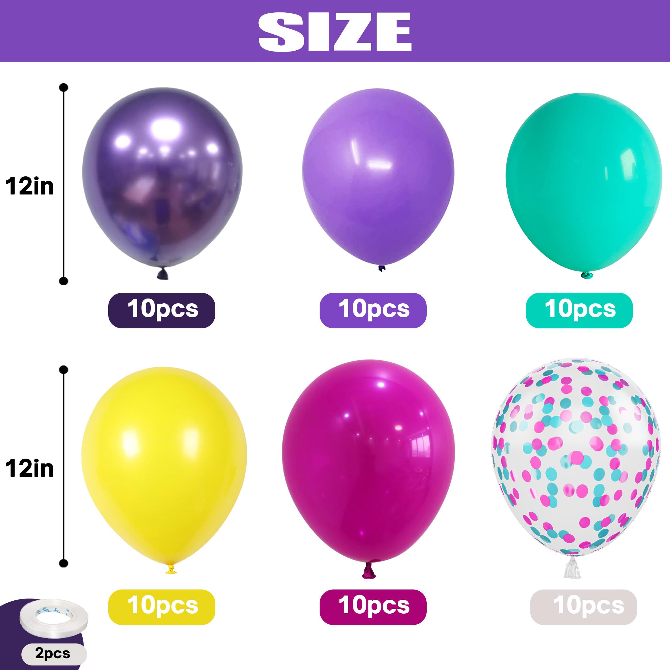 Pink Blue Purple Balloon, 60 Pcs 12 Inches Hot Pink Metallic Purple Teal Yellow Balloons Confetti Balloons for Kids Magic Theme Birthday Decoration Baby Shower Engagement Party Supplies