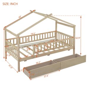 House Bed with Fence Storage, Twin Size Montessori Style Beds with Railings and 2 Drawers, Wooden Playhouse Bed Frame for Kids Girls Boys, Natural