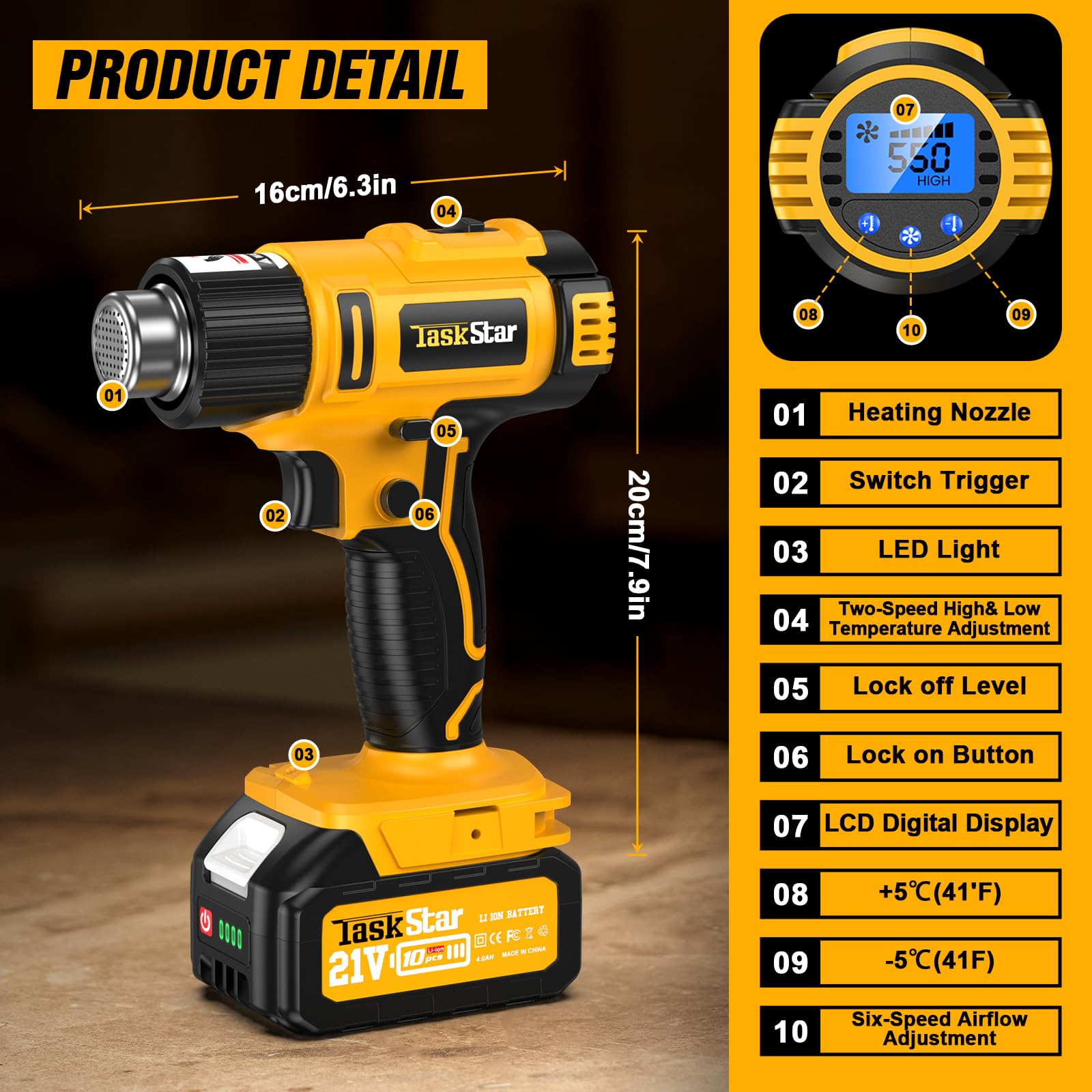 TaskStar Heat Gun with Two 4.0Ah Battery,21V Cordless Heat Gun 122℉-1022℉ Fast Heating Soldering,Hot Air Gun Kit with LCD Digital,6 Nozzle, Led Light,Suitcase for Shrink Tubing, PVC Wrap, Crafts