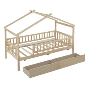 House Bed with Fence Storage, Twin Size Montessori Style Beds with Railings and 2 Drawers, Wooden Playhouse Bed Frame for Kids Girls Boys, Natural