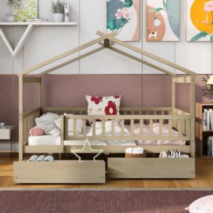 House Bed with Fence Storage, Full Size Montessori Style Beds with Railings and 2 Drawers, Wooden Playhouse Bed Frame for Kids Girls Boys, Natural