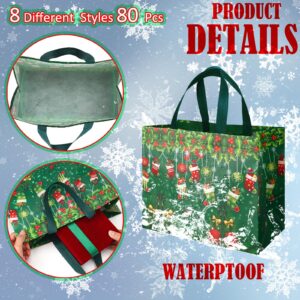 Sadnyy 80 Pcs Large Merry Christmas Gift Bags Bulk 12.6 x 9.84 x 6.69 Inch Christmas Tote Bags Reusable Holiday Treat Bags with Handle Santa Snowman Deer Non Woven Shopping Bag for Xmas Party Supplies