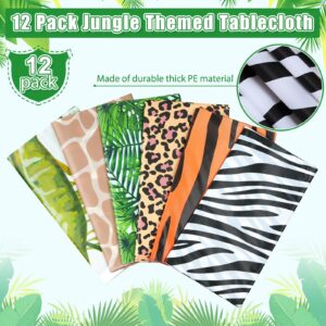 12Pack Animal Safari Tablecloth Jungle Animal Zoo Theme Party Table Cloth Leopard Tiger Zebra Giraffe Palm Leaf Print Table Cover for Jungle Safari Birthday Baby Shower Party Decorations (Six Styles)