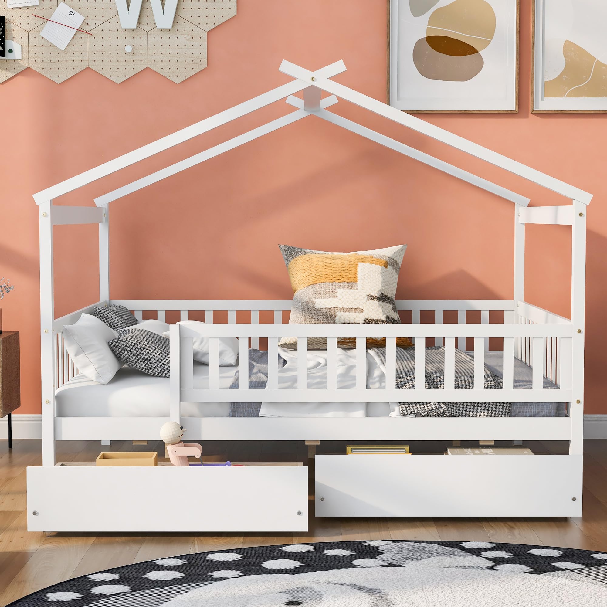 House Bed with Fence Storage, Full Size Montessori Style Beds with Railings and 2 Drawers, Wooden Playhouse Bed Frame for Kids Girls Boys, White