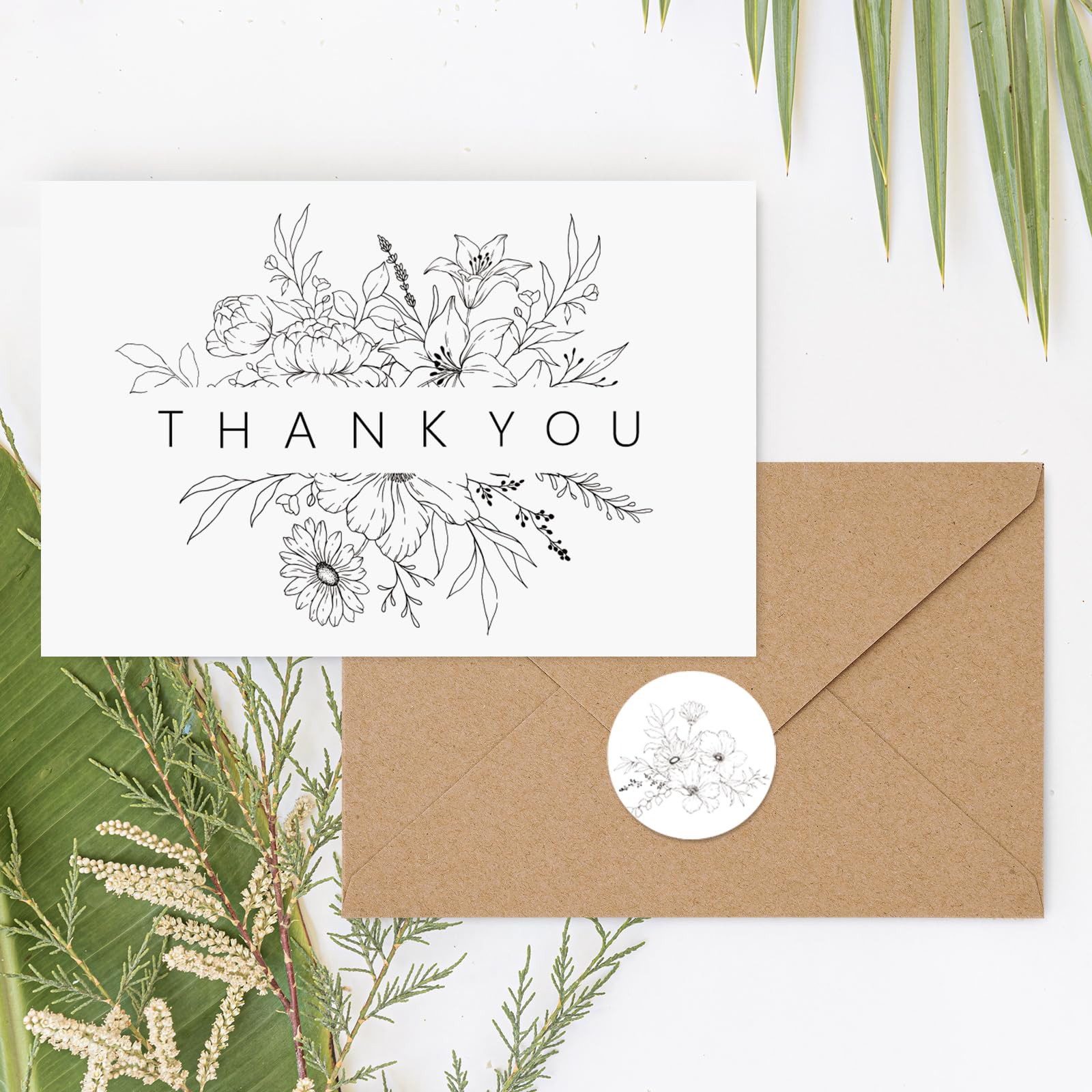 AnyDesign 32 Pack Floral Line Art Thank You Cards Black White Thank You Note Cards with Envelopes Stickers Minimalist Flower Blank Cards for Wedding Birthday Bridal Shower DIY Card Supplies