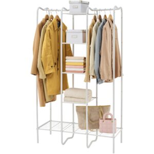 gewudraw wardrobe closet with 4 metal shelves, freestanding garment rack, heavy duty clothing rack for hanging clothes, portable clothes rack, closet organizer white