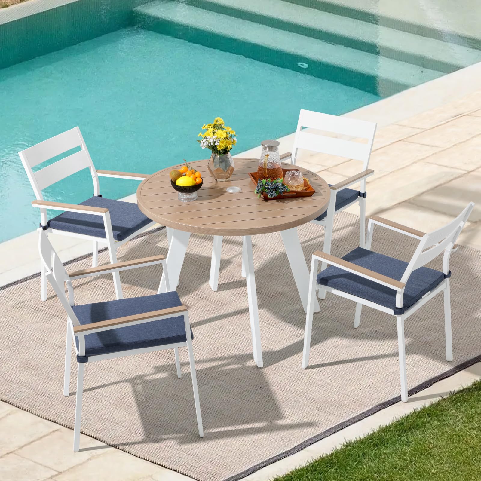 JOIVI 5 Piece Outdoor Dining Set, Aluminum Patio Furniture Dining Table and Stackable Chairs Set for 4 People, 2.05” Umbrella Hole with Wood Grain Tabletop, for Deck, Backyard, Navy Blue Cushions