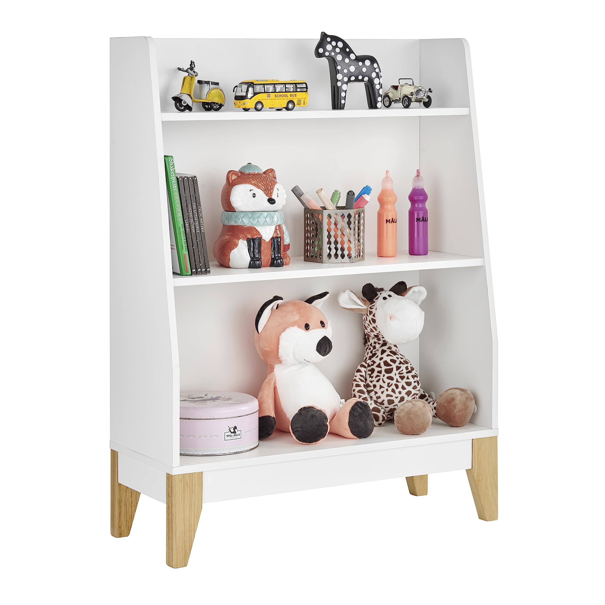 Danya B. Steiner White 3-Tier Kids Book or Toy Figure Display Unit Freestanding Bookshelf with Contrasting Wood-Toned Legs