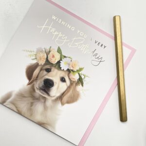 Old English Co. Golden Labrador Puppy Very Happy Birthday Card for Her - Golden Labrador Dog Floral Birthday Card for Women - Cute Birthday Cards for Sister, Mum, Daughter, Friend | Blank Inside…