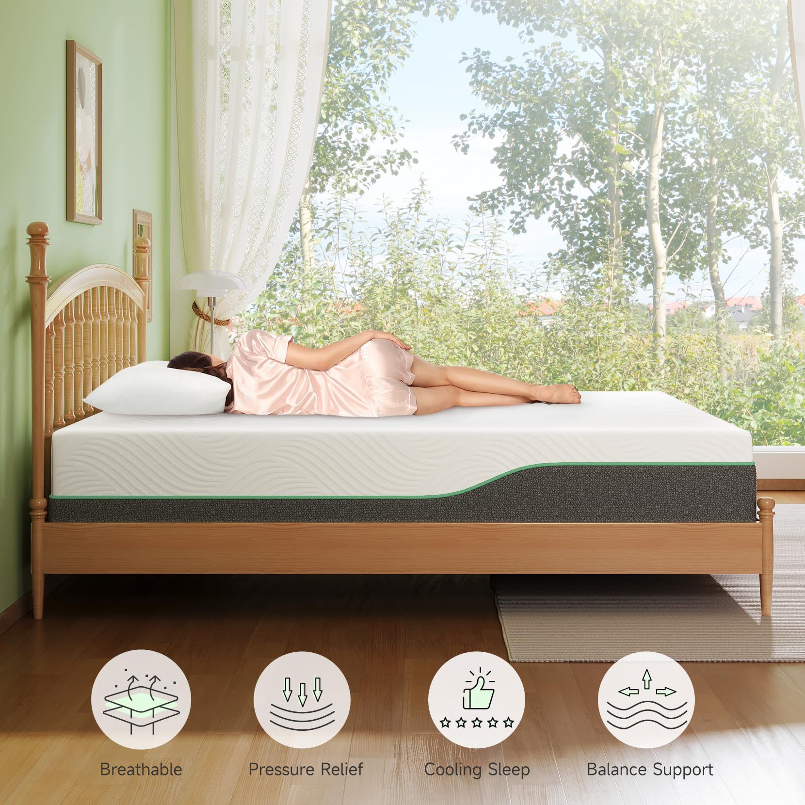 koorlian King Size Mattress, 10 Inch Gel Memory Foam Mattress in a Box with Breathable Knitted Cover, Pressure Relief Supportive King Mattress with Motion Isolation, Green