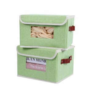 anminy 2 pcs fabric storage bins with lid pu leather handles clear window washable pp plastic board decorative foldable lidded cotton linen storage boxes baskets closet organizer - green, small size