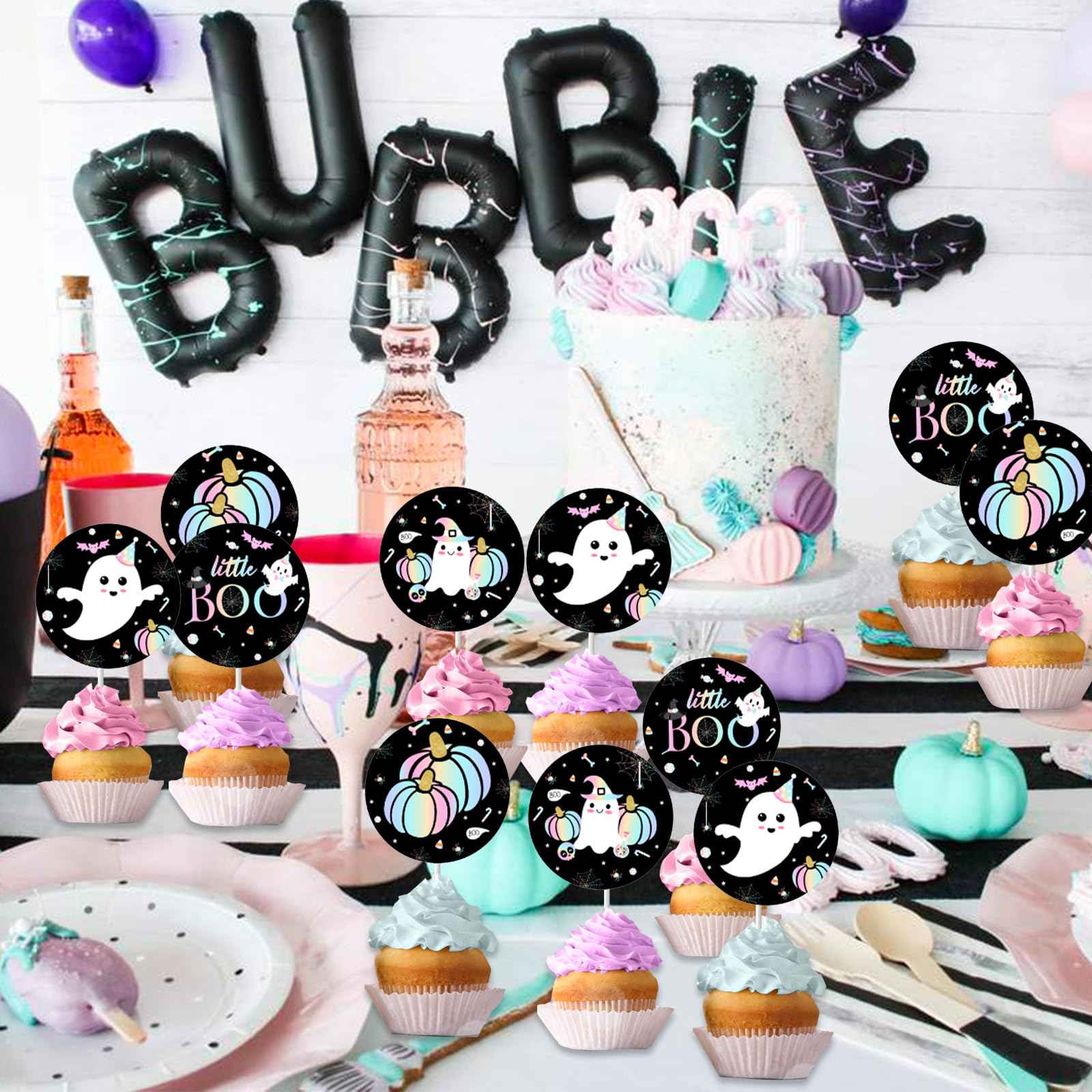 Halloween Little Boo Ghost Cupcake Toppers Baby Shower Decorations for Girl, 36Pcs Pastel Macaroon Dessert Table Cupcake Toppers Decors Gender Reveal Birthday Party Favor Supplies