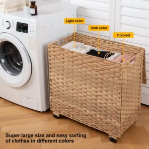 OIAHOMY Laundry Hamper with Lid, 140L Synthetic Rattan Clothes Hamper with Handles, Handwoven Large Laundry Basket with 3 Removable Liner Bags, Foldable, Laundry Room, Bedroom, 27*13*26 Inches, Yellow