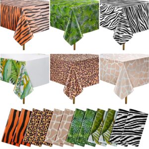 12pack animal safari tablecloth jungle animal zoo theme party table cloth leopard tiger zebra giraffe palm leaf print table cover for jungle safari birthday baby shower party decorations (six styles)