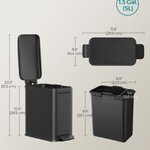 SONGMICS Bathroom Trash Can, 1.3 Gallon (5 L) Small Trash Bin with Lid, Slim for Small Spaces, Stainless Steel Garbage Can, Soft Close, Black ULTB560B05