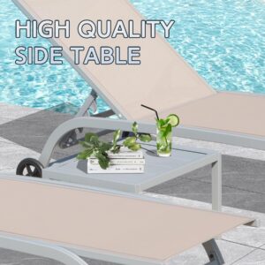 Domi Pool Lounge Chairs Set of 3, Adjustable Aluminum Outdoor Chaise Lounge with Wheels Patio Lounge Chairs with Side Table, All Weather for Deck Lawn Poolside Backyard-Khaki Textilene