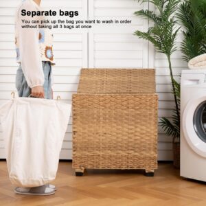 OIAHOMY Laundry Hamper with Lid, 140L Synthetic Rattan Clothes Hamper with Handles, Handwoven Large Laundry Basket with 3 Removable Liner Bags, Foldable, Laundry Room, Bedroom, 27*13*26 Inches, Yellow