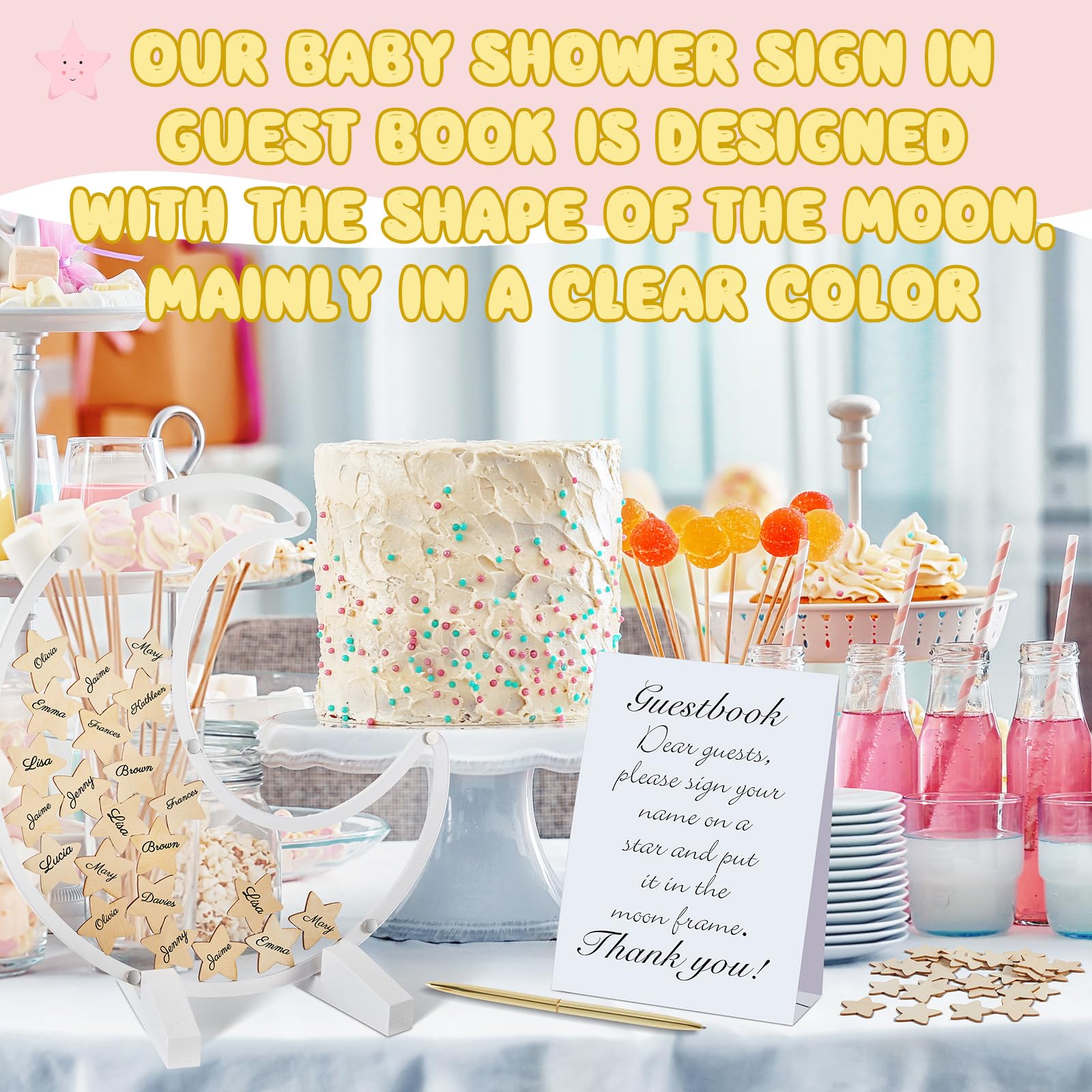 Kosiz Large Acrylic Moon Baby Shower Guest Book Alternatives Twinkle Star Baby Shower Decorations Addition for 60 Guests Baby Shower Sign Picture Frame Pregnancy Keepsake for Soon to Be Moms(White)