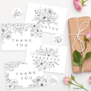 AnyDesign 32 Pack Floral Line Art Thank You Cards Black White Thank You Note Cards with Envelopes Stickers Minimalist Flower Blank Cards for Wedding Birthday Bridal Shower DIY Card Supplies